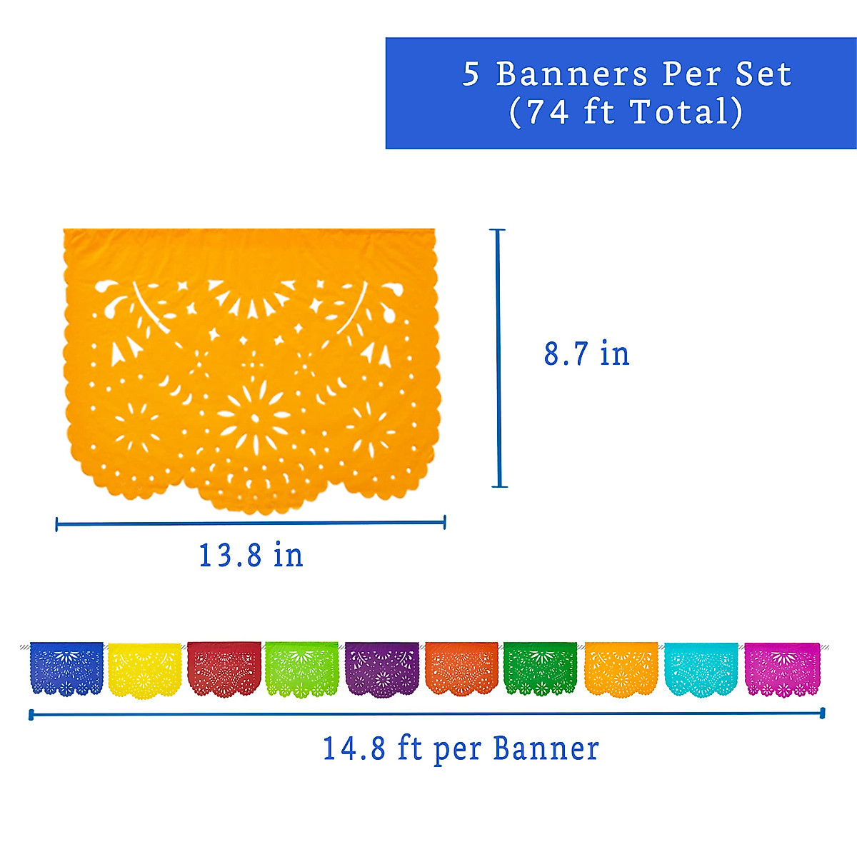 Mexican Party Banners (5 Pack - 10 Tissue Paper Flags per Banner/NOT Plastic) - Papel Picado Banner - Mexican Themed Party Decorations - Papel Picado Mexicano para Fiesta - Fiesta Party Decorations