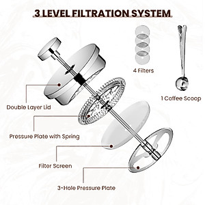 Velaze French Press Coffee Maker 34oz, Double Wall Insulated French Coffee Press Stainless Steel, 1L Coffee Maker Included 4 Extra Fliters and 1 Coffee Spoon