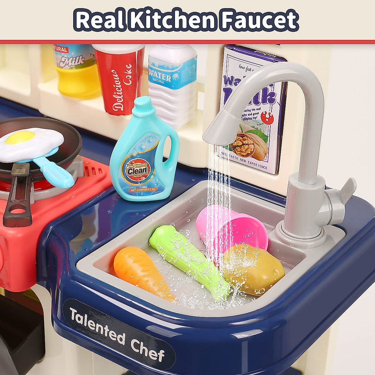 CUTE STONE Play Kitchen, Kids Kitchen Playset with Real Sounds & Lights, Pretend Play Food Toys, Play Sink, Cooking Stove with Steam, Toddler Kitchen Toy Gift for Boys and Girlis (Blue)