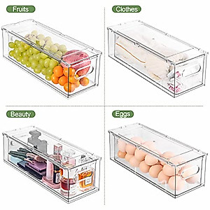 2 Pack Refrigerator Organizer Bins Pull Out Drawers, Clear Stackable Fridge Drawer Organizer with Handle, Fridge Sliding Storage Bins Organization with Drawers for Kitchen, Freezer, Cabinet, Pantry