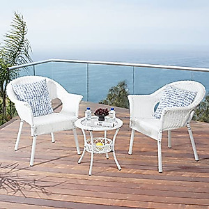 MeetLeisure Bistro Set 3 Pieces Outdoor Patio Furniture Set, Wicker Chairs Set of 2 with Outdoor Side Table, Outdoor Chairs for Patio Lawn Porch, White