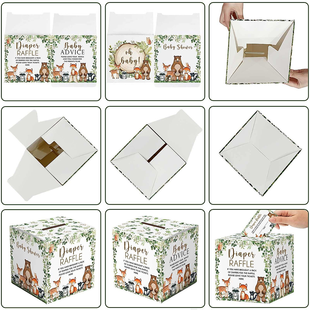 Yuzioey Woodland Diaper Raffle Tickets and Baby Advice, Woodland Forest Baby Shower Diaper Raffle Game Box Tickets, Diaper Raffle Tickets for Woodland Gender Neutral Baby Shower