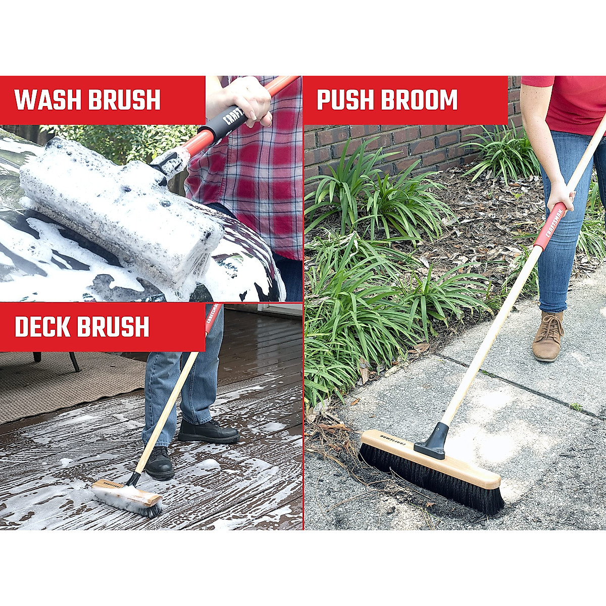 CRAFTSMAN CMXMKIT0080 3-Piece Heavy Duty Cleaning Tool Set with 10 in.All-Surface Wash,12 in. Scrubbing Deck Brush & 18 in. Push Broom, Brown