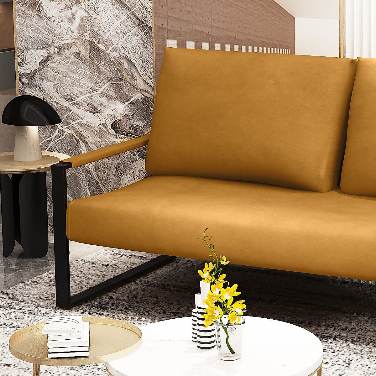 AWQM Faux Leather Couch, Mid-Century Loveseat Sofa,Upholstered Faux Leather Loveseat,Small Couch for Small Spaces,Office,Living Room,Camel