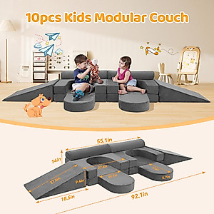 CoziBB 10pcs Modular Kids Play Couch, Convertible Nugget Couch for Toddlers & Children with Climbing Slope, Floor Sectional Sofa for Playroom Bedroom Nursery