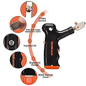 THINKWORK Glass Cutter Tool Kit, Tile Cutter Hand Tool, Easy Glide Glass & Tile Cutter DIY Home Kit（2 Blades & 4 Pads）