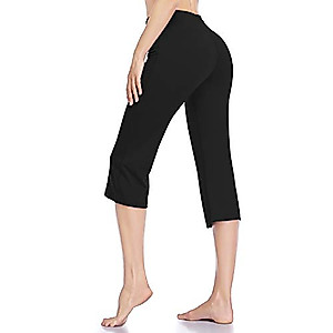 HISKYWIN 18" Inseam Women Inner Pocket Yoga Capri 4 Way Stretch Tummy Control Workout Running Pants, Long Bootleg Flare Pants HF2A Black-L