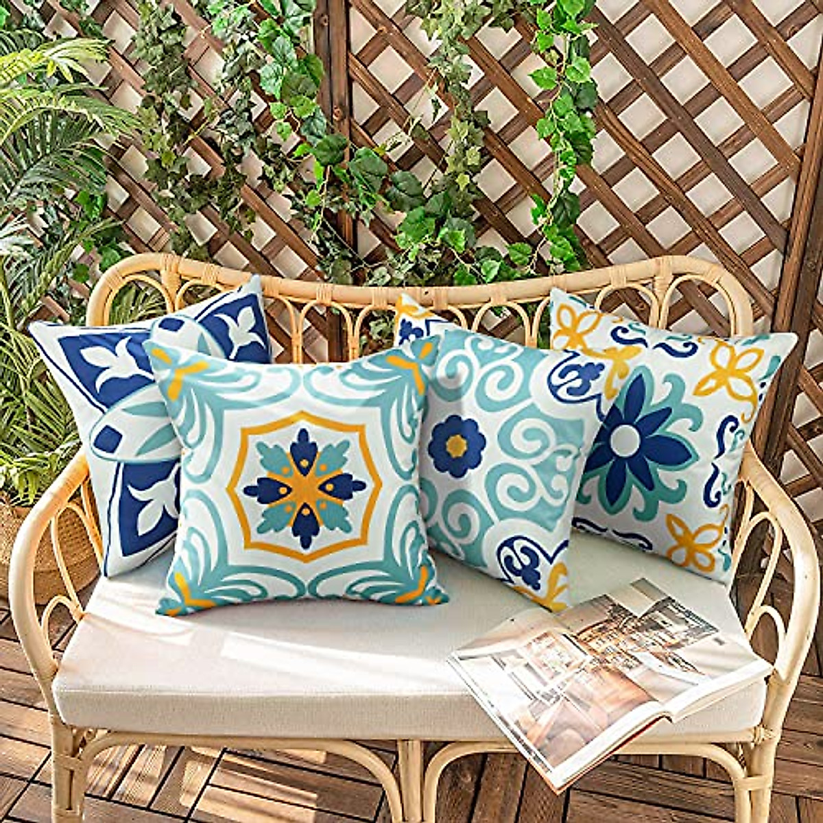 Outdoor Waterproof Throw Pillow Covers Set of 4 Floral Printed and Boho Farmhouse Outdoor Pillow Covers for Patio Funiture Garden 18x18 Inch Blue