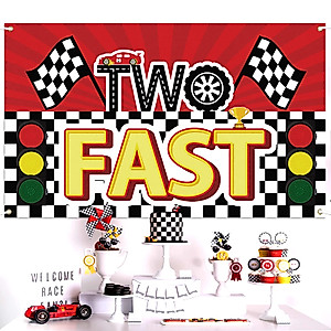 LASKYER Racing Car Two Fast Large Banner - Cheers to 2nd Birthday Home Wall Photoprop Backdrop,2nd Birthday Party Decorations.