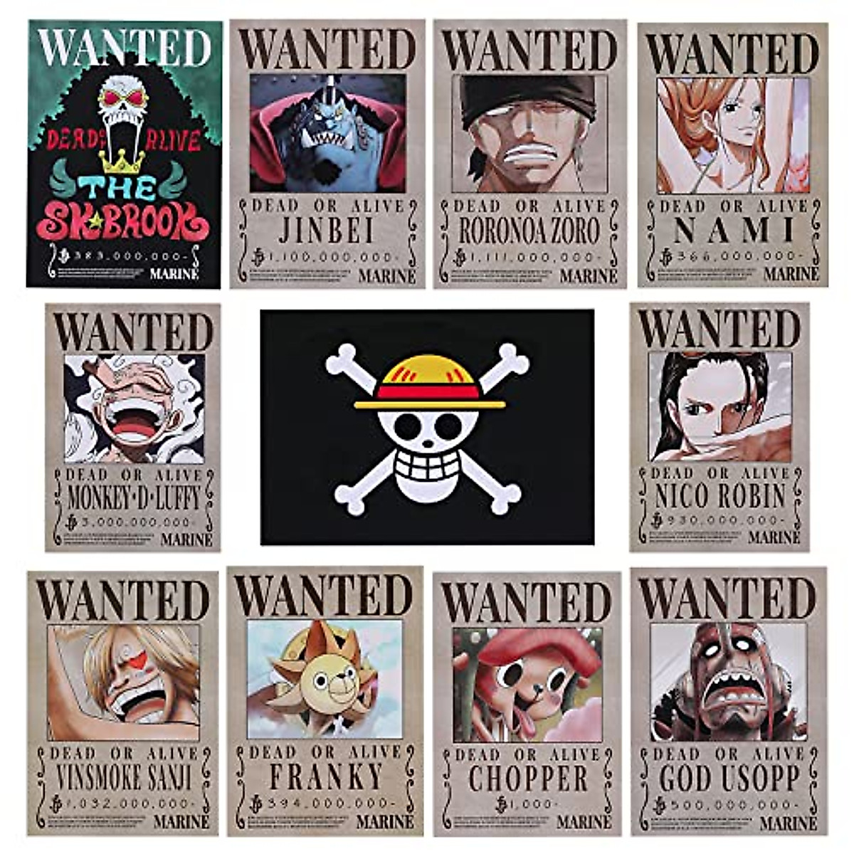 CNMLGB 11 PCS Nika Luffy 3 billion Wanted Bounty Paper Poster 10 Straw Hat Pirates Crew Zoro Sanji Nami Usopp Chopper Robin Franky Brook Jinbei 1 PC Flag (11×8 in)