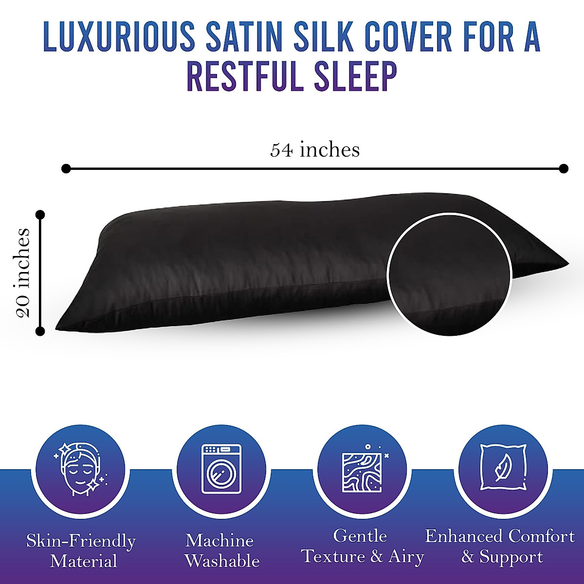 Memory Foam Body Pillow (Black, 20 x 54 Inch) - Full Body Pillows for Adults - Large Body Pillow Insert with Pillowcase for Back & Side Sleepers, Black Silk Body Pillow Cover & Silk Bonnet