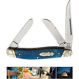 Rough Rider Stockman Black/Blue Bone Open Folding Stainless Pocket Knife 2119 Outdoor Survival Hunting Knife for Camping by Survival Steel
