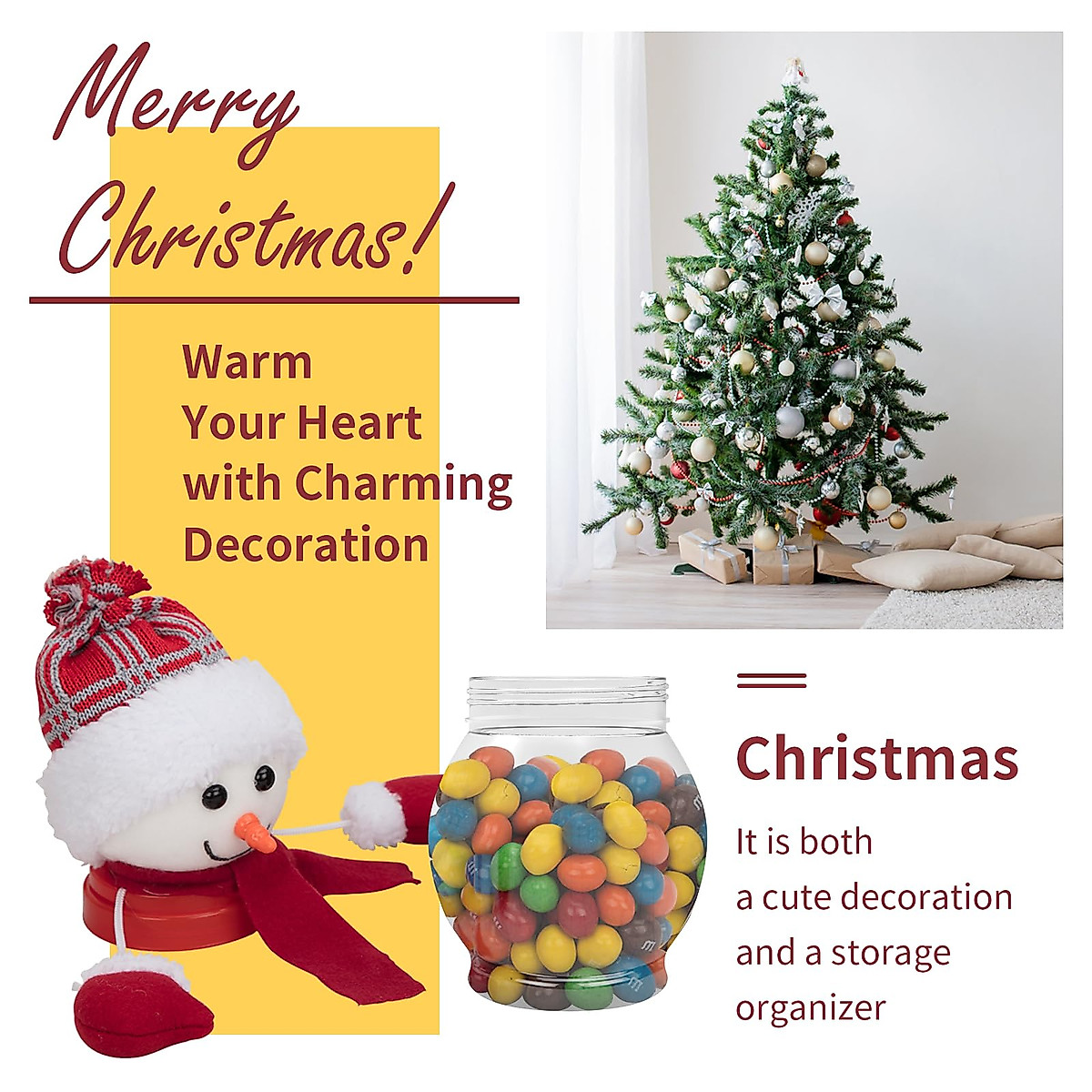 ZCONIEY 2 in 1 Christmas Candy Jars, Home Holiday Decor, Clear Plastic Cookie Jar with Snowman Doll, Sweet Gift Box Bottle Holder