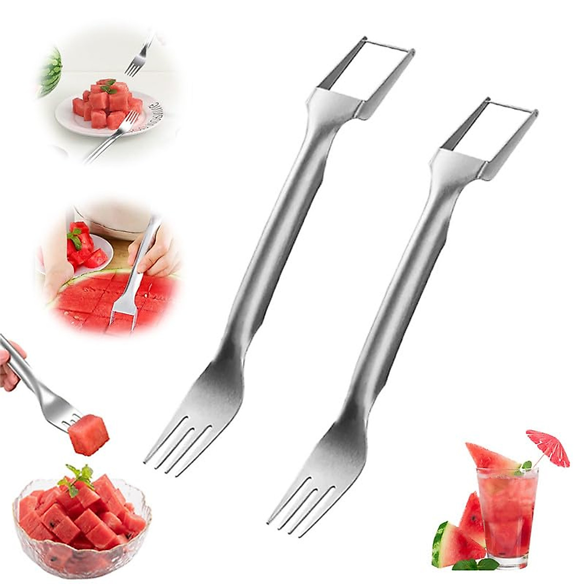 2-in-1 Stainless Steel Fruit Cutter, 2024 New Upgrade Watermelon Fork Slicer Cutter Slicer Tool, Dual Head Fruit Forks Slicer Knife,Summer Watermelon Fruit Cutting Fork for Home Camping (2Pcs)