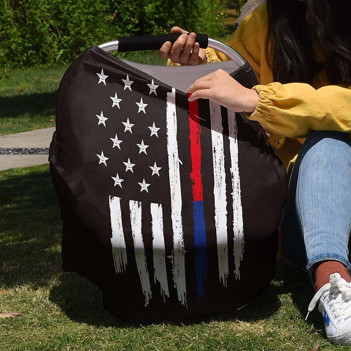 Independence Day Baby Nursing Cover Carseat Canopy Patriotic Stars American Blue Red Lines Flag Breathable Privacy Breastfeeding Scarf Multi Use Car Seat Covers for Boys or Girls