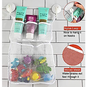 HOME-X Bathtub Toy and Bathroom Mesh Bag with Suction Cup Hooks Organizer, Bathtub Storage, Baby Bath Toy Organization, White-18" L x 12 1/2" W