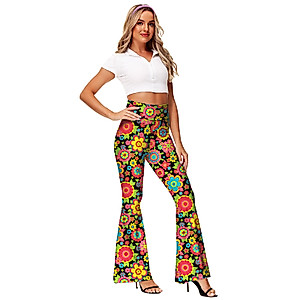 Flare Pants for Women Floral Bell Bottom 70s Hippie Pants High Waist Groovy Boho Yoga Pants XS