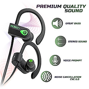 Edelin Bluetooth Headphones - Wireless Earbuds with Mic HD Stereo Noise Cancelling Waterproof IPX7 for Sport Running Gym - Earphones Compatible iPhone 8 X Samsung Galaxy S9 Android iOS - Headset
