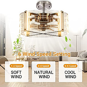 Eatich Caged Ceiling Fans with Lights and Remote,16.6'' Small Fandelier Ceiling Fan,3 Colors Dimmable LED 6 Speeds Adjustable Height Modern Bladeless Chandelier Ceiling Fan for Bedroom
