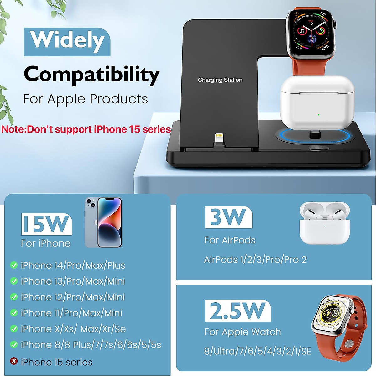 Charging Station for iPhone Multiple Devices, Foldable 3 in 1 Fast Charging Stand Dock for AirPods & iPhone 14 13 12 11 Pro X Max XS XR 8 7 Plus 6, Apple Watch Charger for Apple Watch with Adapter