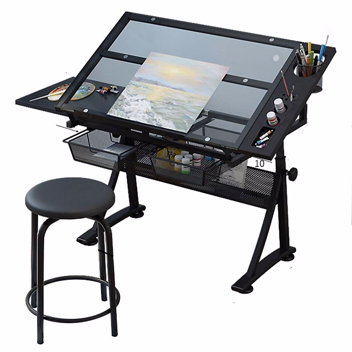 VejiA Drafting Table with Storage, Height Adjustable Tiltable Art Desk, Glass Panel Drawing Desk, for Work Study Painting Craft Table