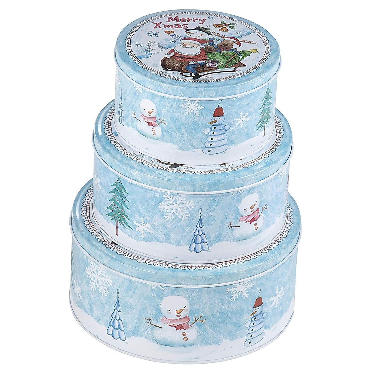Juvale Christmas Nesting Cake Tins - 3-Set Round Nested Cookie Candy Storage Containers with Lids for Confectioneries, Holiday Decor, Light Blue and White