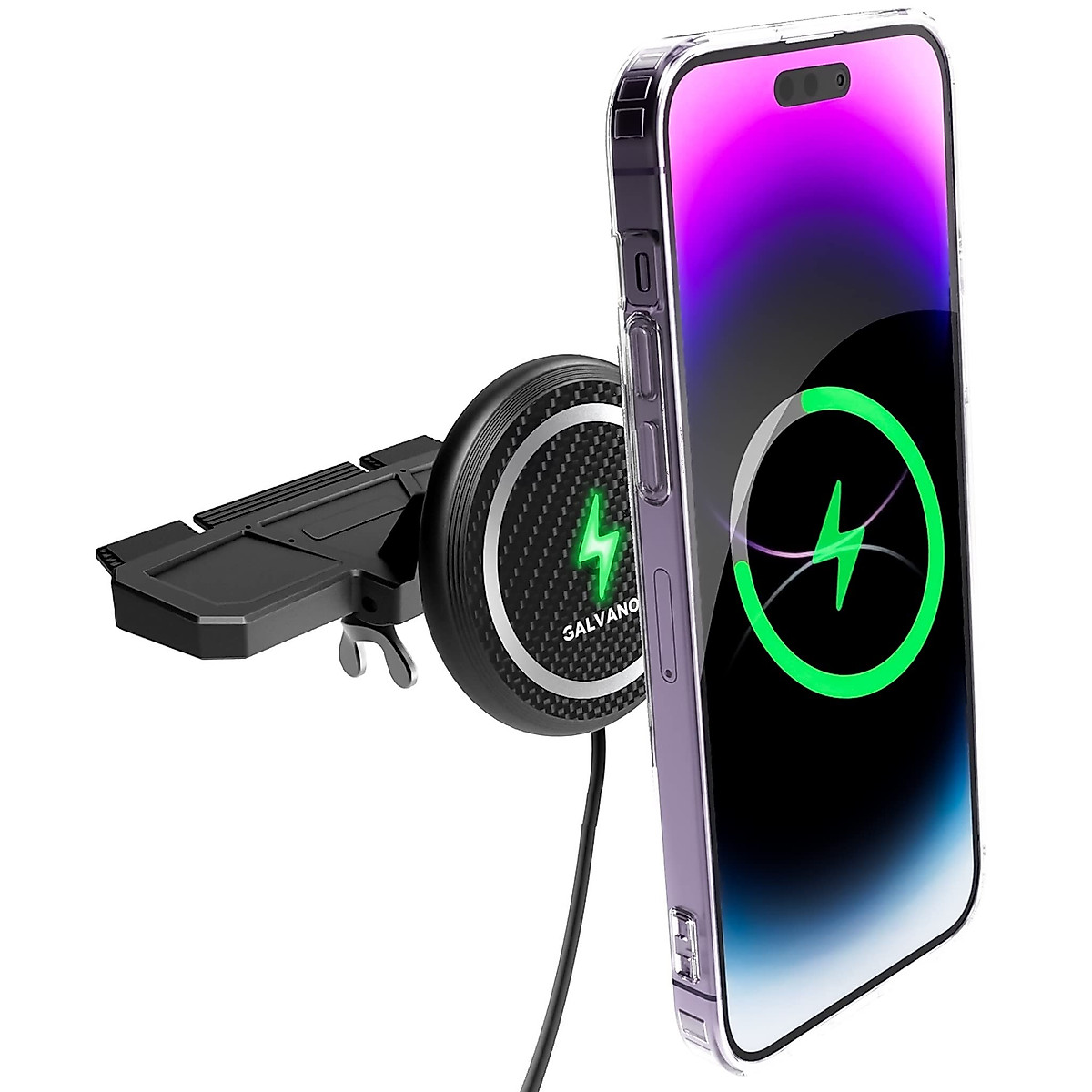 Galvanox Wireless Charging Car CD Slot Phone Holder - Magnetic Mount Charger with Secure CD-Player Attachment - Compatible with MagSafe