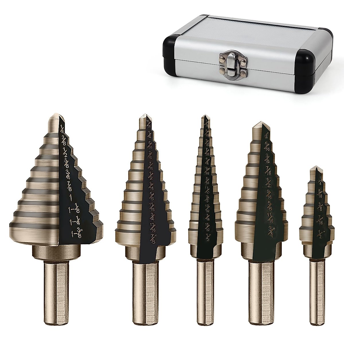 Aleric Step Drill Bit Set - 5 Pcs HSS Titanium Step Drill Bits,High Speed Steel Step Bits for Metal,Wood,Plastic, Step Bit,Multiple Size Hole Cutting Drilling Cone Unibit Step Drill Bit for DIY Lovers