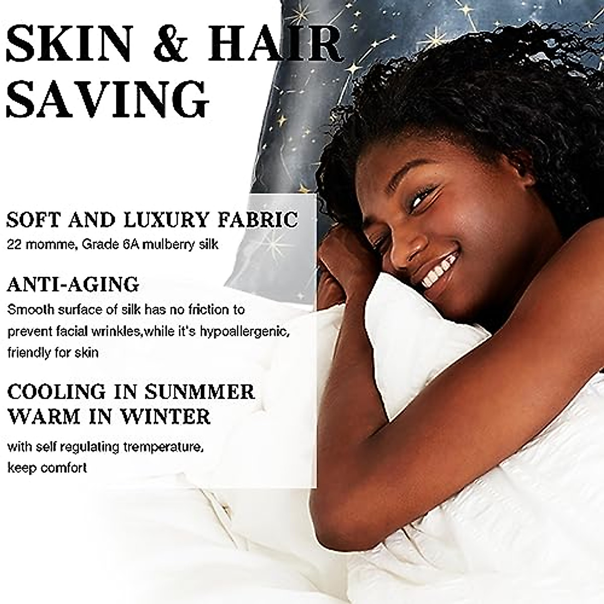 MANSPHIL Black Galaxy Stars Print Mulberry Silk Pillowcase Standard, Both Side 22 Momme 100% Silk Pillow Cases Cover with Hidden Zipper, Hypoallergenic Beauty Care for Hair and Skin, 20" x 26"