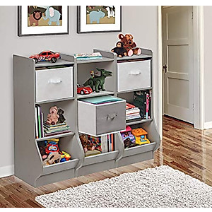 Badger Basket Kid's Upright Toy and Book Storage Nook with Reversible Fabric Basket - Woodgrain Gray