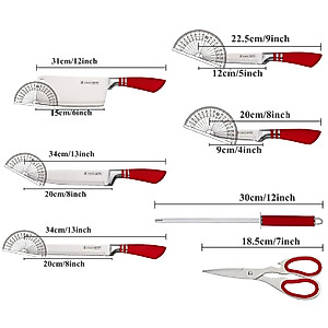 8-Piece Kitchen Knife Set With Rotary Stand, Sharpener, Scissors, Stainless Steel Knife Sets with Hollow Horseshoe Handle, Wear-Resistant and Durable (Red)