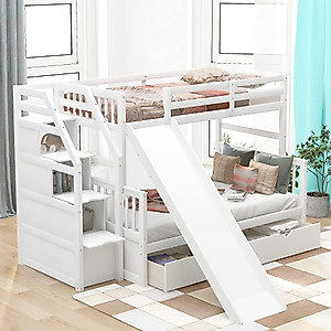 Twin Over Full Bunk Bed with Stairs and Slide, Solid Wood Bunk Bed Frame with Storage Drawers for Kids Girls Boys (White)