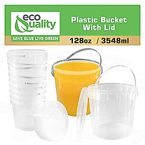 1 Gallon (128 oz) Clear Plastic Bucket with Lid and Handle (10 Pack), Ice Cream Tub with Lids - Food Grade Freezer and Microwave Safe Food Storage Containers, Round Plastic Pail Container with Lid, BPA Free