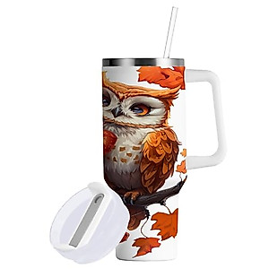 ODAWA Owl Maple Leaf Travel Coffee Tumbler 30 Oz Travel Mug with Handle and Straw