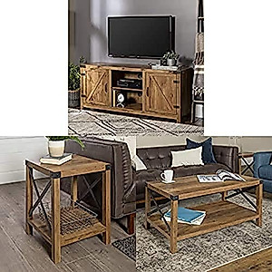 Walker Edison Furniture Company Farmhouse Barn Wood Universal Stand for TV with Square Side Accent Living Room Small End Table, 18 Inch and Wood Rectangle Accent Coffee Table Ottoman Storage Shelf