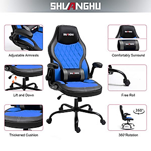 shuanghu Computer Gaming Chair Ergonomic Recliner Office Chair High Back Gaming Chair with Adjustable Headrest and Swivel Armrests and Lumbar Support for Men Women Adults Gamer (Blue)