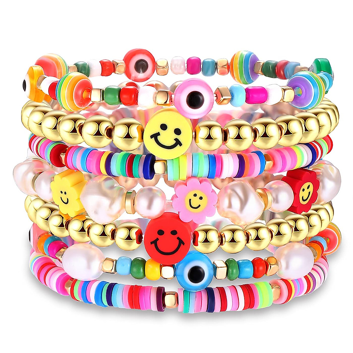 Beaded Stretch Bracelets for Women Rainbow Heishi Bracelet Set Colorful Clay Flower Evil Eye Gold-tone Beads Bracelet Summer Beach Bracelet Jewelry