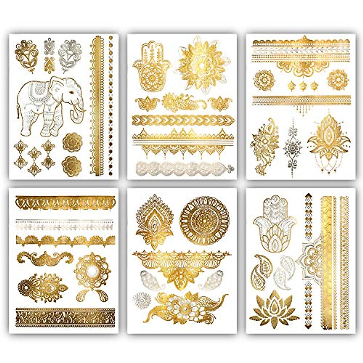 Terra Tattoos Gold Metallic Temporary Tats Geometric Henna Designs Waterproof Nontoxic Long Lasting Perfect for Beach, Festivals, & more! (Maya)