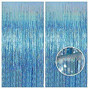 Melsan 2 Pack 3.2 ft x 8.2 ft Tinsel Foil Fringe Curtains Backdrop, Sparkle Metallic Foil Curtains for Party Photo Booth Props Decoration, Light Blue