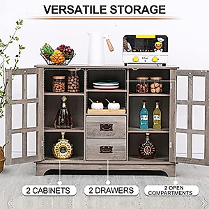 RICHRYCE Sideboard Buffet Storage Cabinet, Farmhouse TV Stand 2 Drawers, 3 Cabinets and Acrylic Doors for Kitchen Dining Room Furniture Cupboard Console Table(Grey)