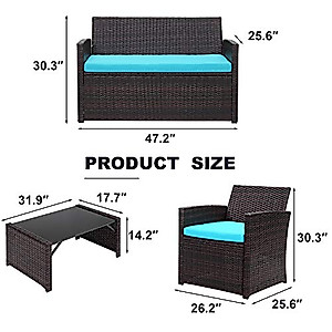 Saemoza 4 Pieces Outdoor Patio Furniture Set, Outdoor Wicker Rattan Patio Furniture with Tempered Glass Tabletop Clearance（Blue）