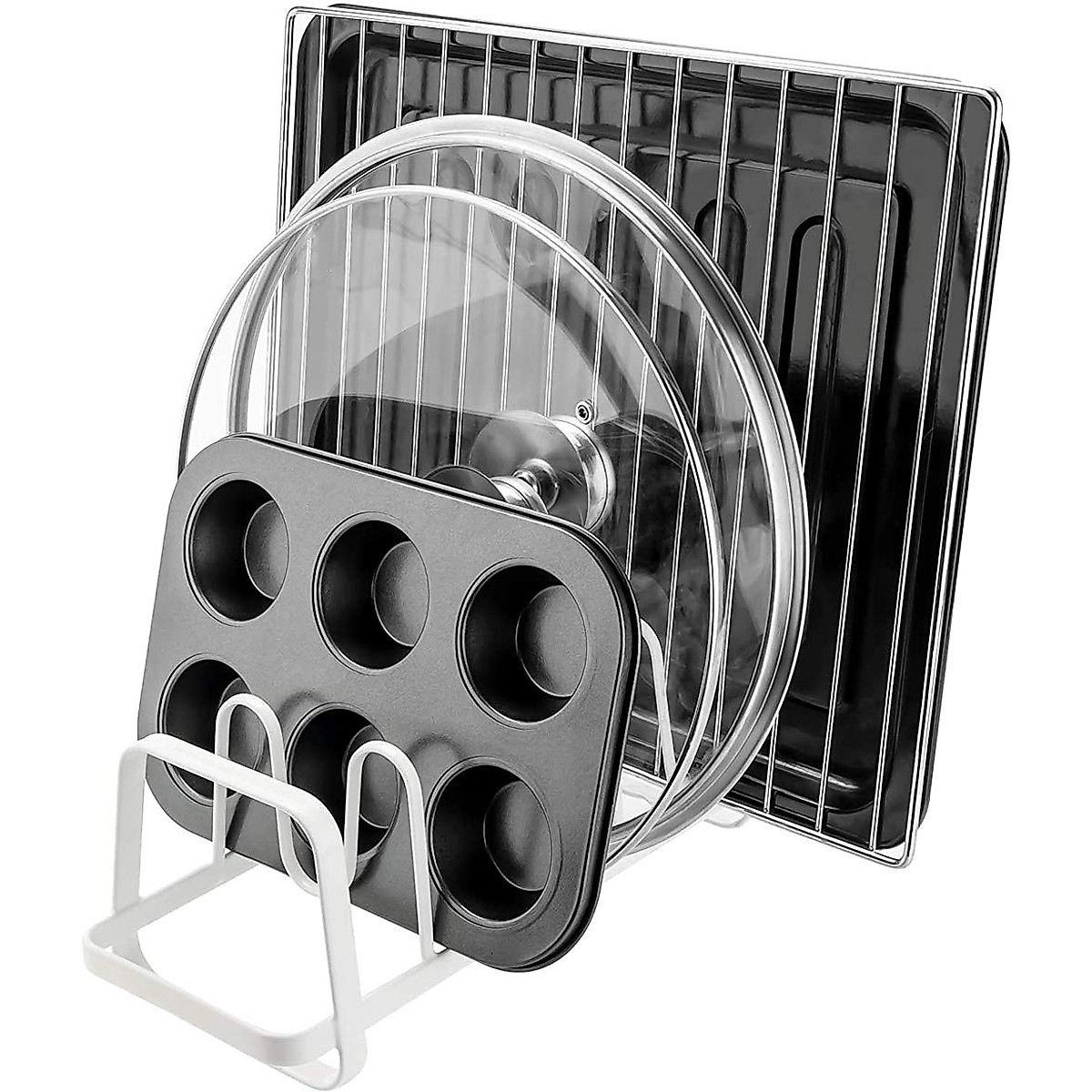 SANNO Pot Lid Holders Heavy Duty Pan Rack Organizer Pot Organizer Rack for Cabinet, Bakeware Rack,Kitchen Cookware Pantry Cabinet Storage Rack with 7 Dividers (pack of 1)