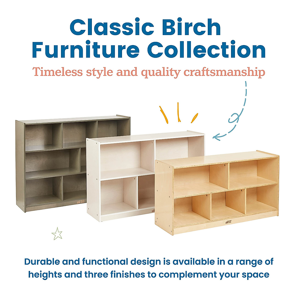 ECR4Kids - ELR-0420 Birch 5-Section School Classroom Storage Cabinet with Casters, Natural, 30" H