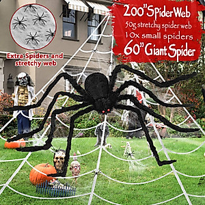 Halloween Decorations Outdoor, 200" Spider Web 60" Giant Spider with Extra Stretch Cobwebs and 10 Small Plastic Spiders, Halloween Outdoor Scary Decorations Yard Home Outside Parties House Décor