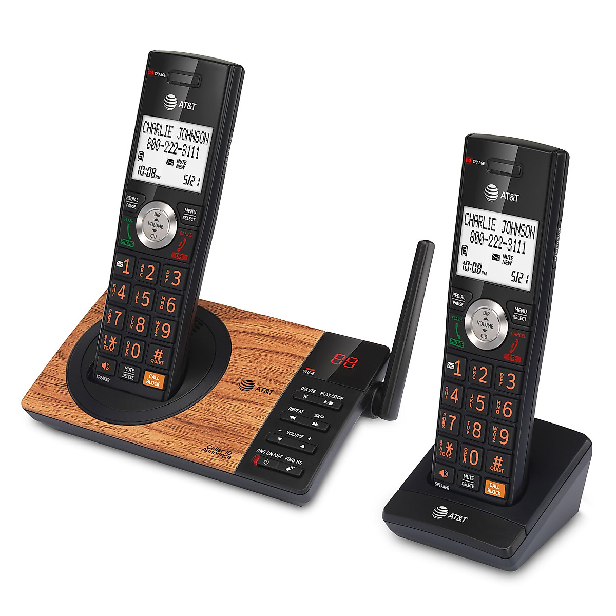 AT&T CL82267 DECT 6.0 2-Handset Cordless Phone for Home with Answering Machine, Call Blocking, Caller ID Announcer, Intercom and Long Range, Black & Wood Grain Finish