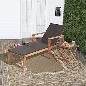 Tangkula 2 Piece Patio Chaise Lounge & Table Set, Outdoor Rattan Recliner w/Folding Side Table, 4-Level Adjustable Backrest, Solid Acacia Wood Frame, Recliner & Table Set for Backyard (Mix Brown)