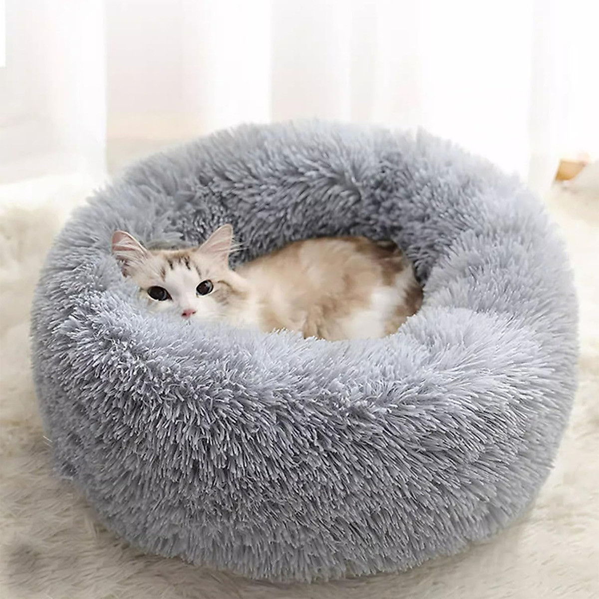 Lemuluxe Cat Beds for Indoor Cats, 15 inches Small Dog Bed Calming Plush Cat Bed Fluffy Round Dog Bed Donut Dog Bed Soft Puppy Pet Bed Cat Beds Kitten Beds for Indoor Kittens (Grey)