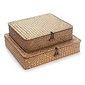 Flat Seagrass Storage Bins with Lid, Wicker Basket for Shelf Organize, Set of 2 (Small+Large)