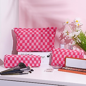 Jeeoy Large Capacity Makeup Bag Set Pink Checkered Makeup Bags 3 Pieces Canvas Travel Makeup Bag Organizer Travel Toiletry Bag Storage Bag for Women