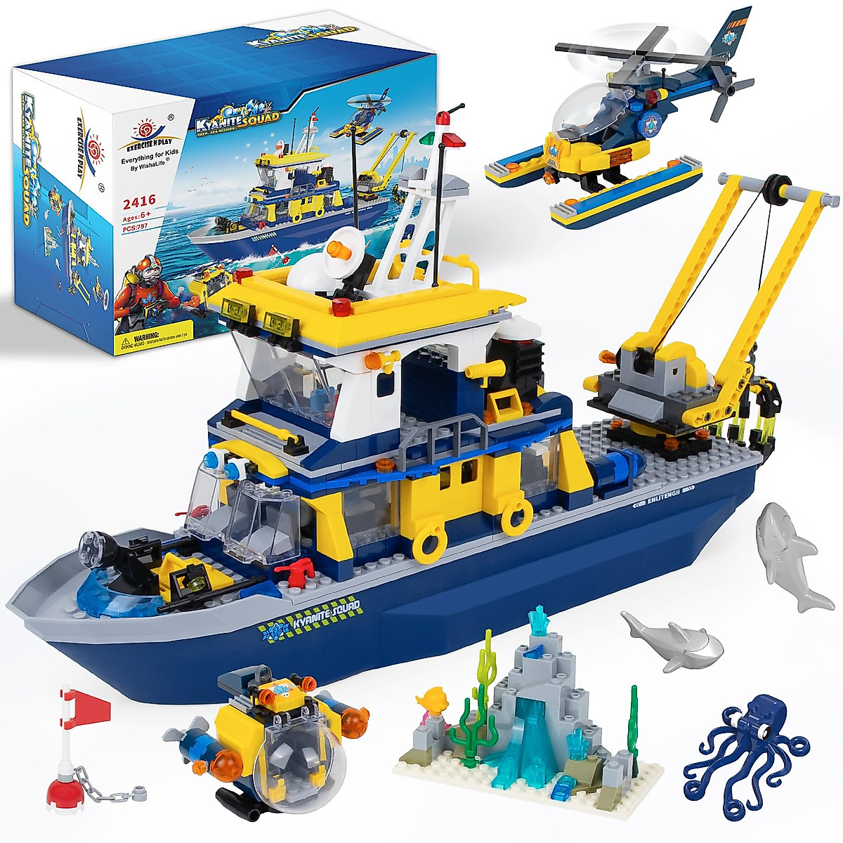 City Arctic Explorer Ship Building Toy Set,797pcs City Arctic Explorer Boat Building Kit with Coral Reef Scene,Octopus,Crab, Submarine and Helicopter,Ocean Building Toy for 6+ Years Old Boy Girl Gift